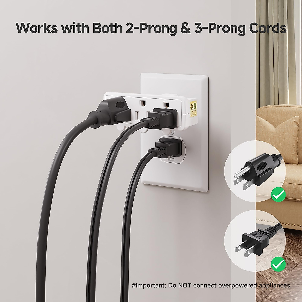 [UL Listed] Cable Matters 2-Pack 3 Outlet Grounded 180 Degree Swivel Wall Tap in White (Swivel Outlet, 3 Plug Outlet Adapter, Multi Plug Outlet, Outlet Extender)