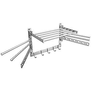 SKIKEN Wall-Mounted Laundry Drying Rack, 2 Swivel Rods with 6 Holes, Folding Organizer Rack for Laundry Room, Bathroom, Swivel Towel Rack/Drying Organizer, 5 Movable Hooks, Aluminum (Silver, 15.8")