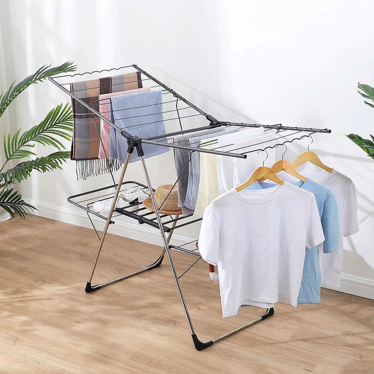 APEXCHASER Clothes Drying Rack, Foldable 2-Level Laundry Racks for Drying Clothes Rack, with Height-Adjustable Wings, Indoor/Outdoor Portable Dryer for Clothing and Towels