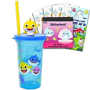 PinkFong Baby Shark Baby Shark 15oz Cup Set for Kids, Boys ~ Bundle Refillable with Straw, and Additional Stickers | School Supplies, Sports, More