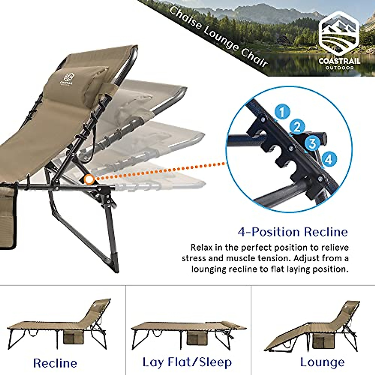 Coastrail Outdoor Folding Chaise Lounge Chair 28 inch Wide, 4 Position Recline Textilene Waterproof Patio Chaise with Pocket and Pillow for Beach,Tanning, Lawn, Supports 400lbs, Beige,X-Large