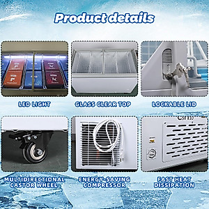 NAFCOOL 12.4 Cu.Ft Commercial Chest Freezer with LED Light,Temp Rang -8°F and 0°F,Glass Top Display Chest Freezer with 6 Removable Wire Baskets,Sliding Lids, Lock,Caster Wheels, White