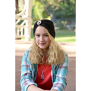 Handmade Black Knitted Wool Headband Ear Muffs with Coconut Button