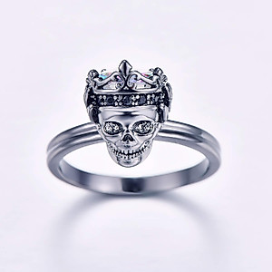 Narica Black Gold Plated Women's Antique Gothic Skull Ring Retro Oxidized Finished Round Cut Created Rainbow Topaz CZ Cubic Zirconia Filled Vintage Band Halloween 6#