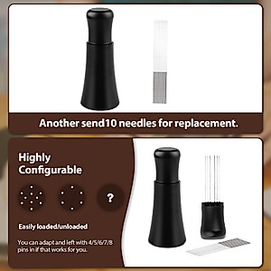 WDT tool, Espresso Distribution tools, 10 x 0.35mm 304 Stainless Steel Needles Installed with 10 Extra needles for Espresso Stirrer Replacement, Aluminum Alloy Handle with Stand (Matte black)