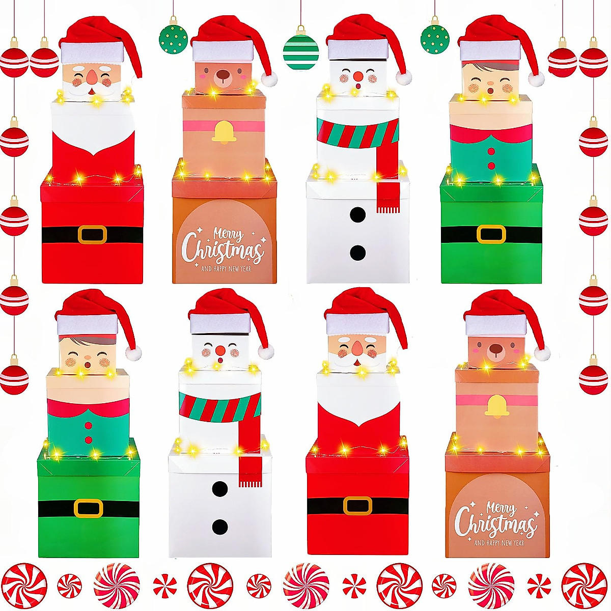Fulmoon 24 Pieces Christmas Stacking Boxes Christmas Nesting Gift Boxes Christmas Stackable Boxes with Lids 8 Designs Snowman Decorative Present Boxes for Christmas Party Decor(Novelty Style)