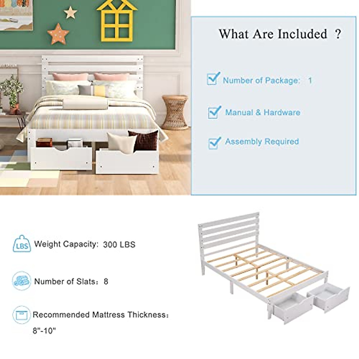 Full Bed with Drawers,Wood Bed Frame with Headboard and Footboard Mattress Foundation Wood Bed Platform for Boys, Girls, Kids, Young Teens and Adults,White