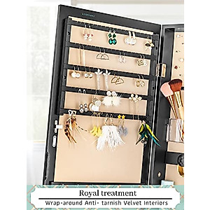 LUXFURNI LED Light Jewelry Cabinet Standing Full Screen Mirror Makeup Lockable Armoire, Large Cosmetic Storage Organizer w/Brush Holder (Black)