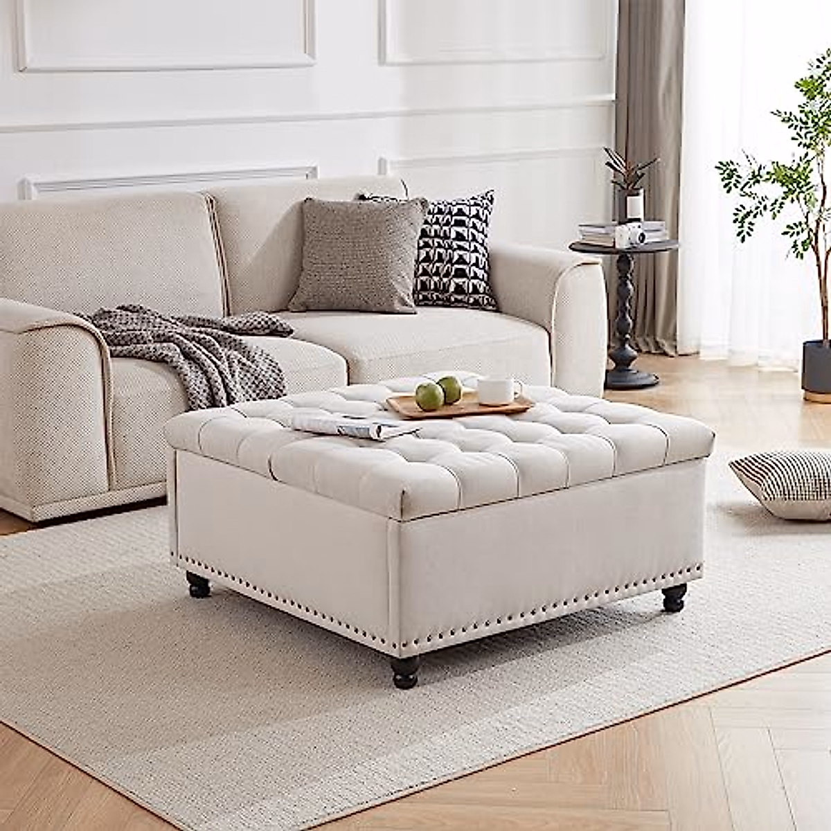 Tbfit Large Square Storage Ottoman Bench, Tufted Upholstered Coffee Table Ottoman with Storage, Oversized Storage Ottomans Toy Box for Living Room (Beige)