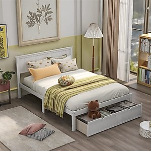 CITYLIGHT Full Size Bed, Platform Bed Frame with Headboard and Drawers, Wood Bed Frame for Kids, Teens and Adults, No Box Spring Needed, White