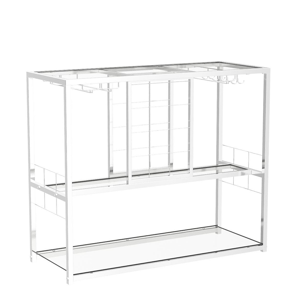 ASYA Wine Rack Table with Glass Holder, 3-Tier with Temered Glass Shelves, Modern Liquor Cabinet with Storage for Wine Bar, Living Room, Kitchen and Dining Room (Silver Finish)