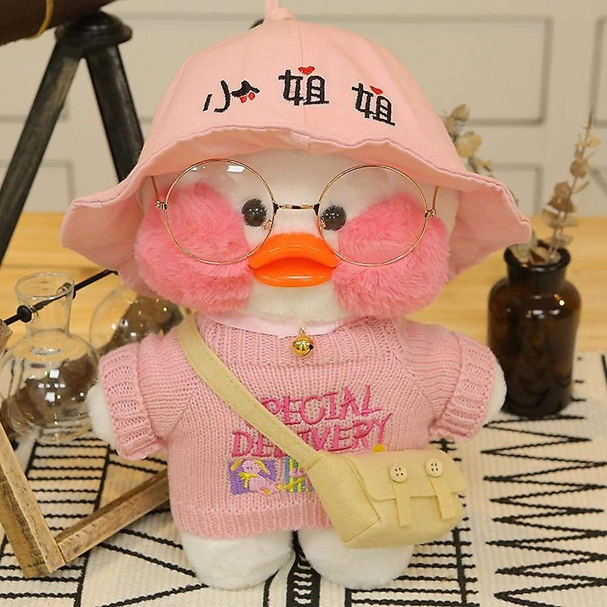 AKMRWJWC White Duck Stuffed Animal Toy Soft Plush Toy for Kids Girls DIY Hugglable Plush Stuffed Toy with Cute Pink Hat and Costume Best Gifts for Christmas (12inch/30cm)