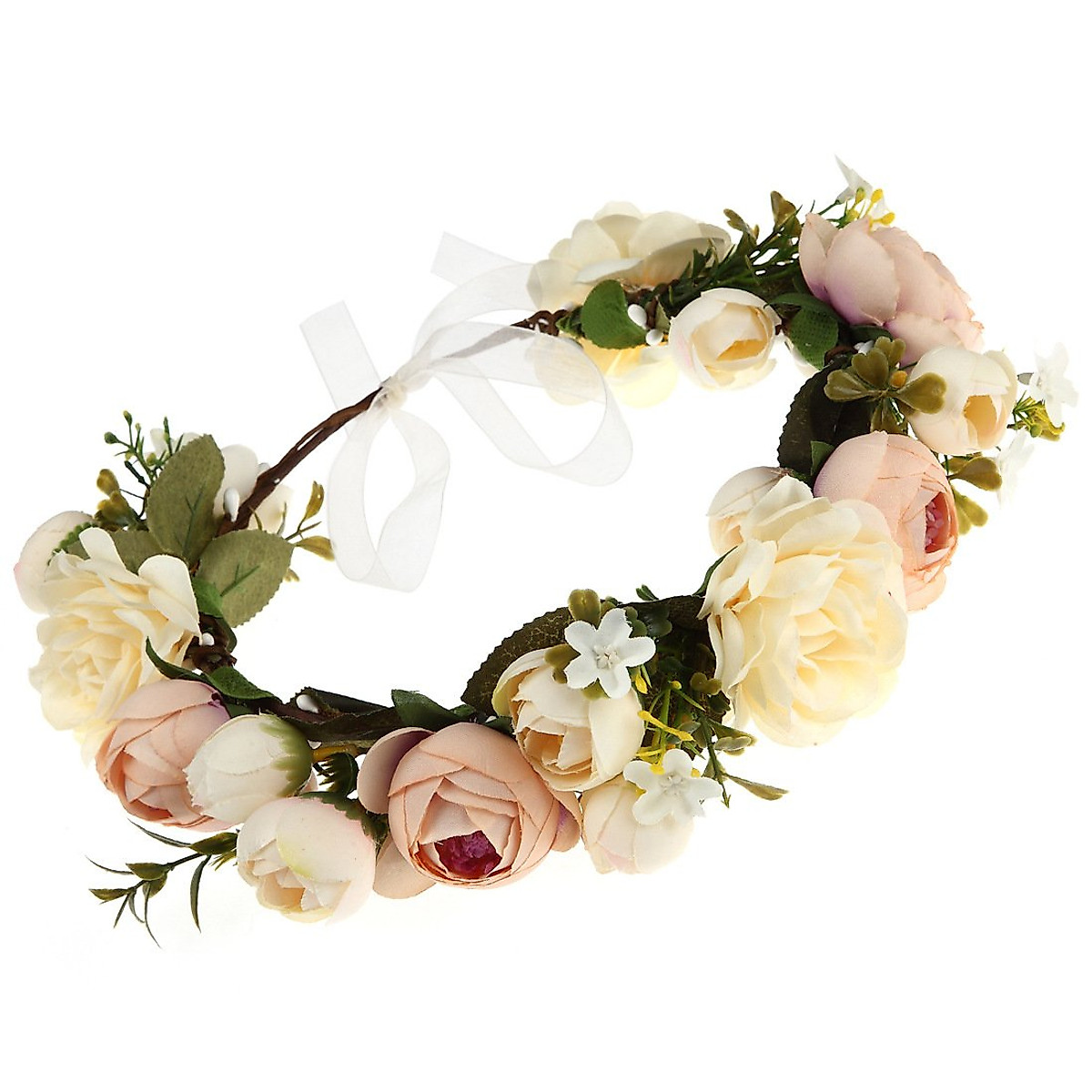 DDazzling Women Flower Headband Wreath Crown Floral Wedding Garland Wedding Festivals Photo Props (Champagne)