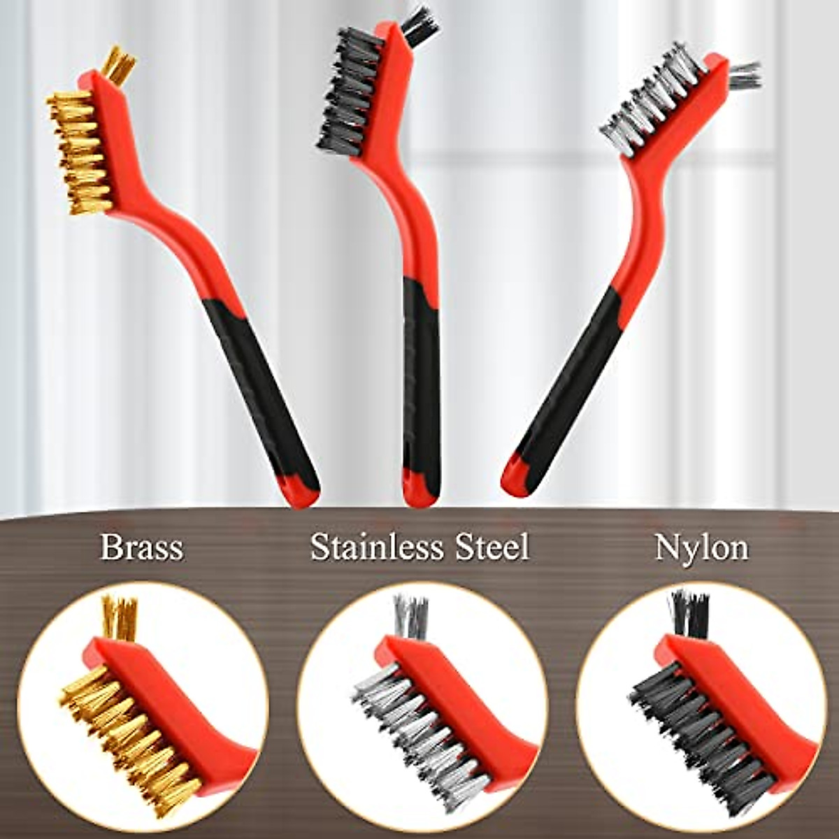 Wire Brush Set, 3 Pcs Stainless Steel/Brass/Nylon Wire Brushes for Cleaning with Curved Handle Grip for Rust Removal, Dirt, Paint Scrubbing(Red)