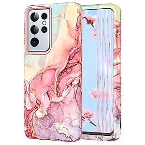 Btscase for Galaxy S21 Ultra Case, Marble Pattern 3 in 1 Heavy Duty Shockproof Full Body Rugged Hard PC+Soft Silicone Drop Protective Women Girl Covers for Samsung Galaxy S21 Ultra 6.8 inch, Rose Gold