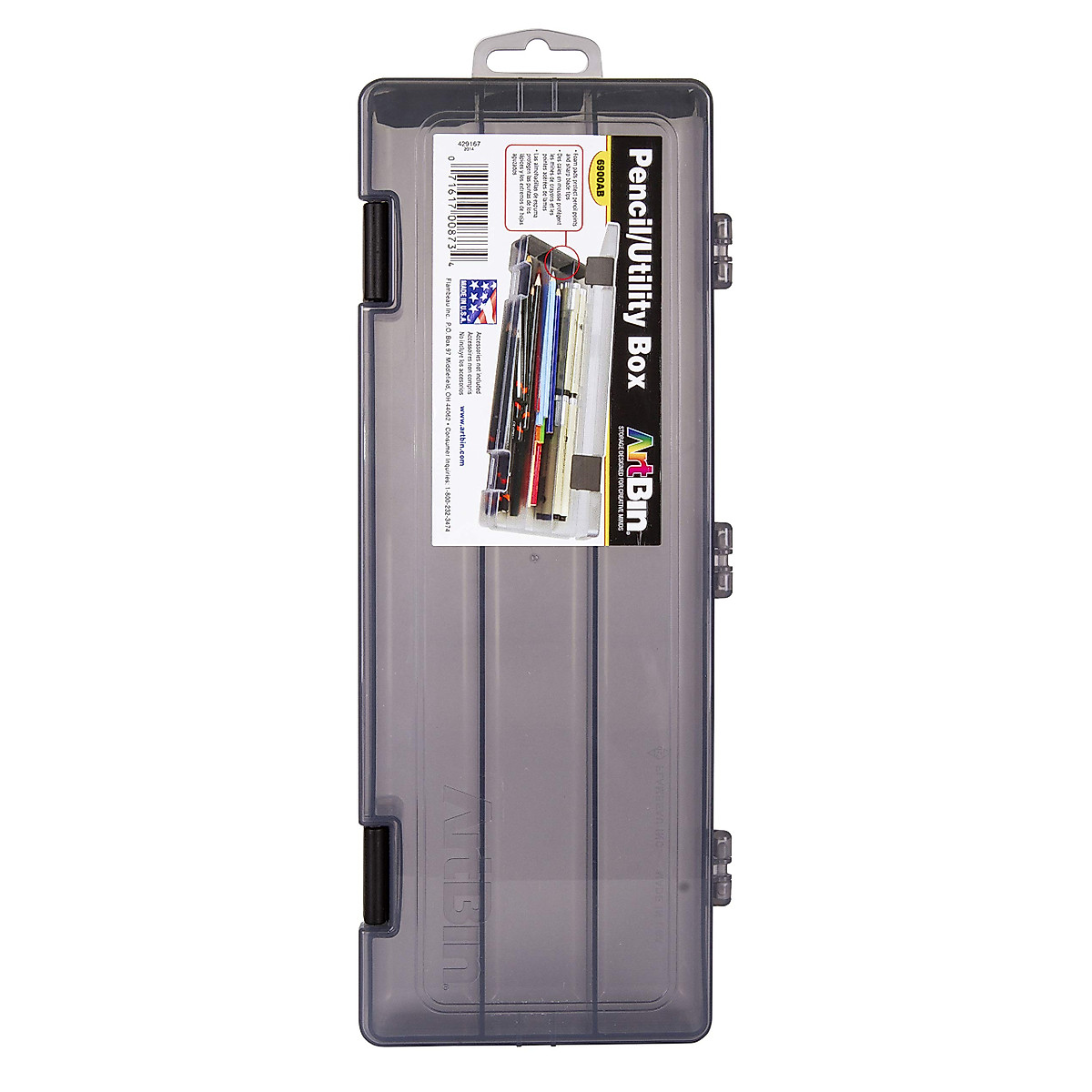 ArtBin 6900AB Pencil Utility Box, Art & Craft Organizer, [1] Divided Storage Box for Pens, Pencils, Markers, Paint Brushes, etc., Translucent Charcoal