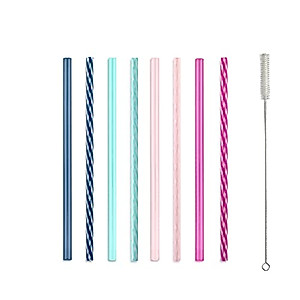 Ello Impact Reusable Hard Plastic Straws with Cleaning Brush, 8 Piece, Rosewater
