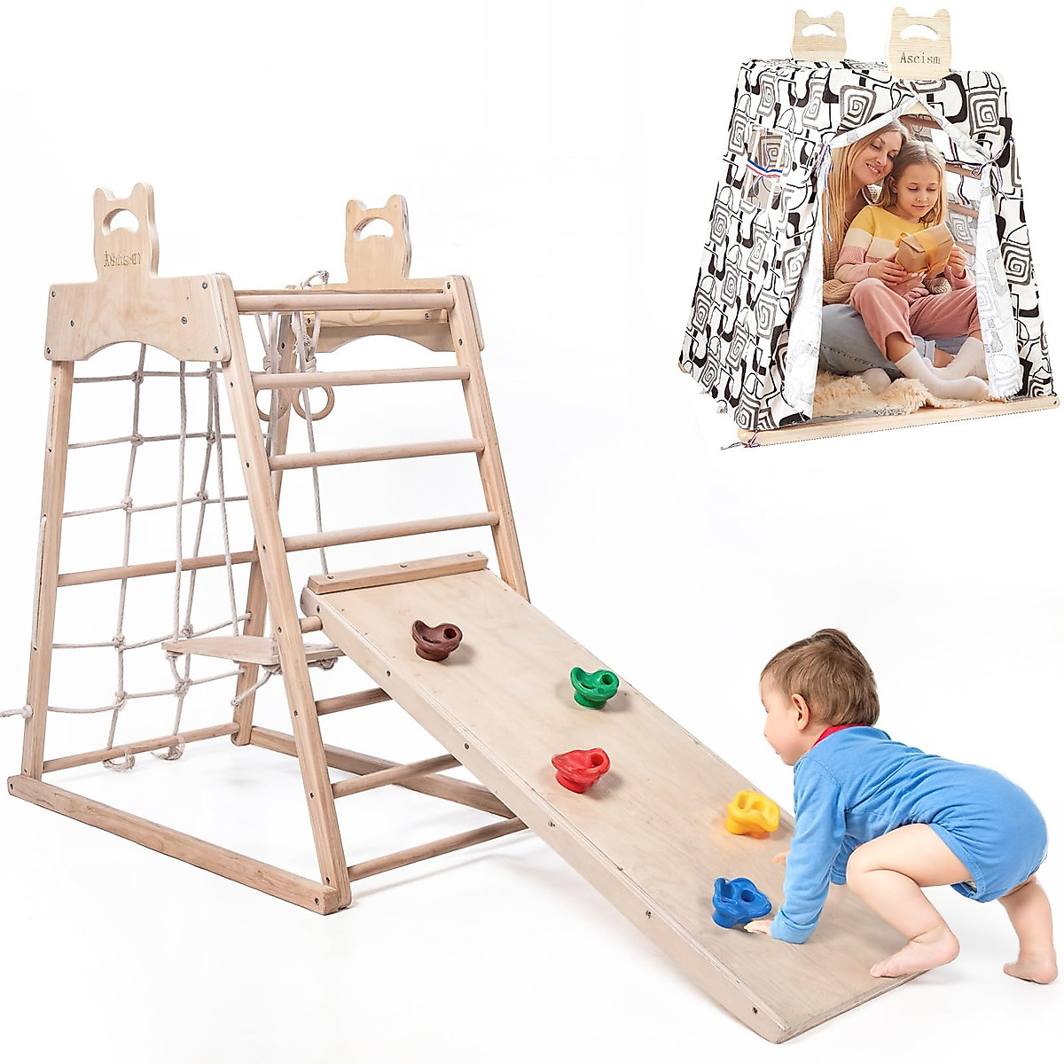 Ascism Jungle Gym Indoor (8 in 1) Wooden Indoor Playground, Toddler Wooden Climbing Toys, Montessori Playset, Gym with Slide, Climbing Net, Swing, Tent, Gymnastics Ring…