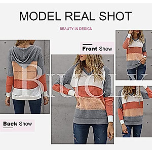 Biucly Womens Color Block Striped Hooded Sweater Long Sleeve V Neck Drawstring Pullover Tops Hoodies Sweatshirts Plus Size Sweaters 2022,US 16-18(XL),Grey