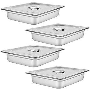 DatingDay 4 Packs Stainless steam Hotel pan，1/2 Size x 2.5" Deep，22 Gauge/0.7mm Thick Stainless Steel Hotel Pan Anti Jam Steam Table Pan with Lid (1/2 Size x 2.5" Deep)
