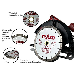 Trabo 7 Inch Masonry Segmented Rim Diamond Bond Blade for Cutting Cement, Pavers, Concrete with Rebar, Natural Stone and More, with 7/8 Inch Arbor with 5/8 Inch Reducer Ring