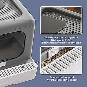Top Entry Cat Litter Box with Lid,Foldable Litter Box with Cat Plastic Scoop,Extra Large Space,Drawer Structure,Closed Smell Proof Anti-Splashing,Split Type for Easy Cleaning (New Grey)