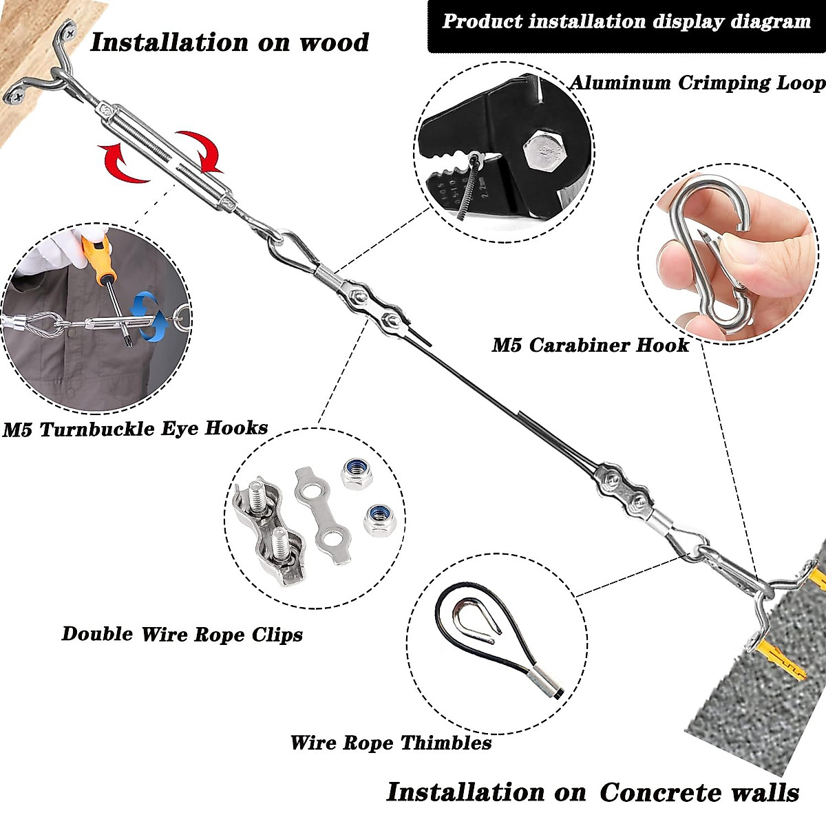 BRISBONN Outdoor String Light Hanging Kit - 164FT Black Vinyl-Coated Stainless Steel 304 Wire Rope with Turnbuckles & Hooks, Globe Lights Suspension Kit for Patio, Backyard, Garden - Easy Installation