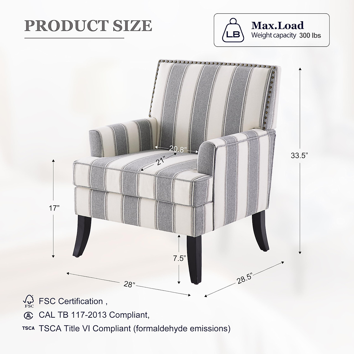 HUIMO Printed Accent Chair Upholstered Linen Fabric Living Room Chair with Rivet Comfy Armchair with Hold up to 300lb Capacity Reading Sofa Chair for Bedroom, Study (1, Wide Stripe Grey)