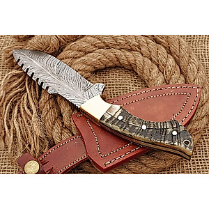 HUNTEX Unique Custom Handmade Hand-Forged New Feather Pattern Damascus Steel 9.5 Inch Long Full Tang Ram Horn Handle Razor Sharp Hunting Camping Knife with Genuine Leather Sheath