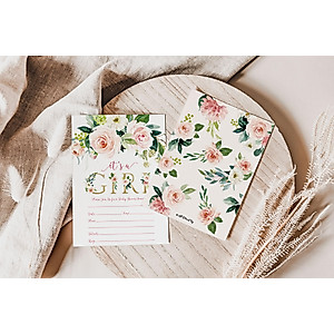 All Ewired Up 25 Pink It's A Girl Baby Shower Invitations with Envelopes (Large Size 5x7) Boxed Set, Double-Sided, Boho Floral Greenery, Sprinkle, Blush Boho