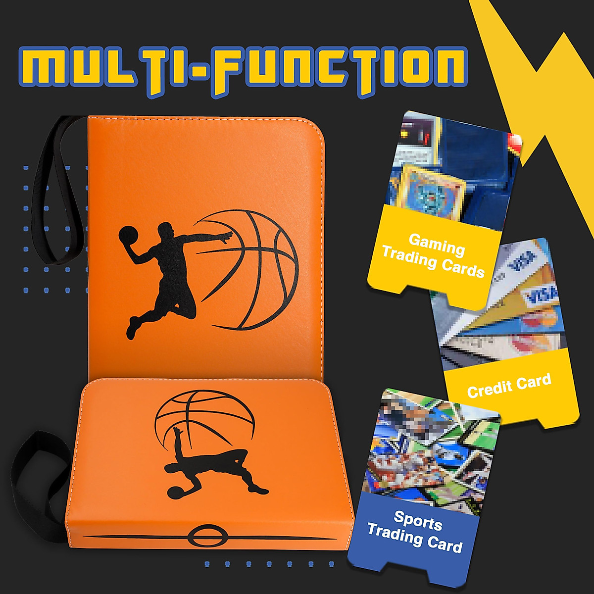 Basketball Card Binder, 4Pocket Zipper Sports card binder, 400 Double Sided Pocket Waterproof Album, Basketball Cards Display Holder, Expandable, For Gaming Cards, Yugioh, MTG and Other TCG (Orange)