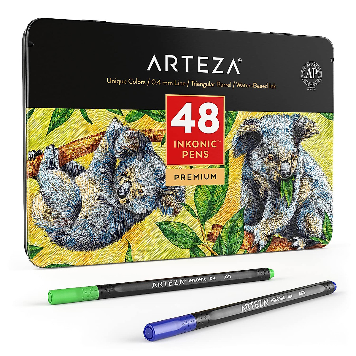ARTEZA Inkonic Fineliners Pens, Set of 48, 0.4 mm Fine Tip Markers, Water-Based Art Pens for Drawing, Sketching, Journaling, Calligraphy