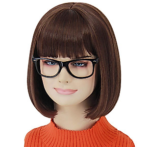 shecool Brown Bob Wig for Velma Wig Women Velma Costume with Glasses Short Bob Wig with Bangs Cute Natural Wigs for Daily Halloween Costume Party SL005BR