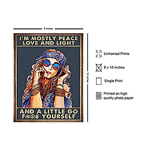 I'm Mostly Peace Love and Light Wall Art - Bohemian Boho Wall Decor - Inspirational Hippy Trippy Hippie Room Decor - Spiritual Motivational Poster - Funny Sayings Quotes - New Age Gifts for Women
