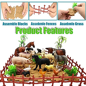 Farm Animals Figurines Toys, 53PCS Realistic Plastic Farm Playset with Fences Soil Puzzle Blocks, Farm Figures Learning Educational Toys for Boys Girls, Toddlers Cupcake Topper Birthday Set