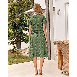 BTFBM Elegant Short Sleeve V Neck Swiss Dot Midi Summer Dresses for Women 2023 Boho Ruffle Long Dresses Ruffle Cocktail Dress（Solid Green,X-Large