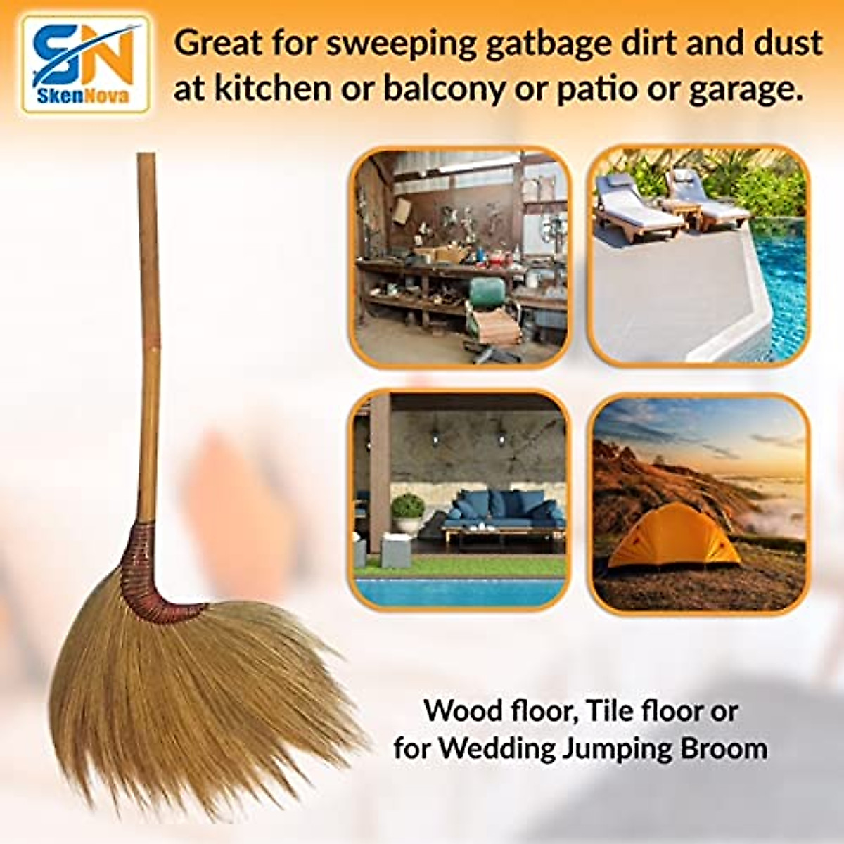 Asian Straw Broom Thai Natural Kong Grass Broom Bamboo Uca Handle for Sweeping Garbage Dust (Kong Grass)