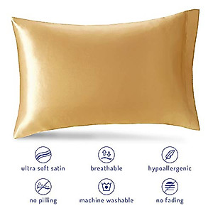 Gold Satin Pillow Cases Queen Set of 2 | Luxury Silk Pillowcase for Hair and Skin | 20 x 30 Inch–Slip Silky Comfort with Envelope Closure