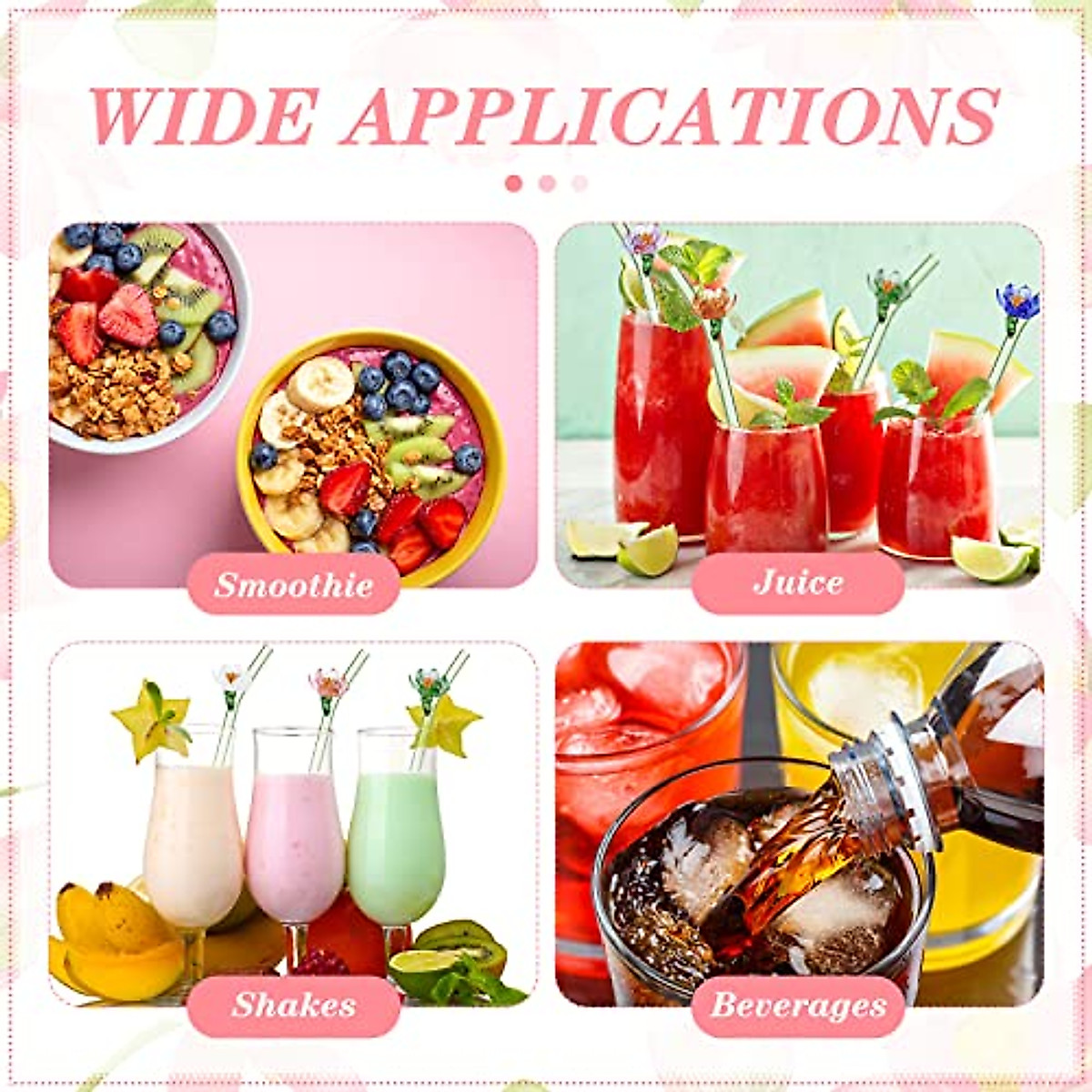 6 Pcs Reusable Glass Straws 8 mm x 7.9 Inch Colorful Lotus Design Green Straws Bent Glass Straws with Cleaning Brush for Smoothie Cocktail Juice Shakes Beverages