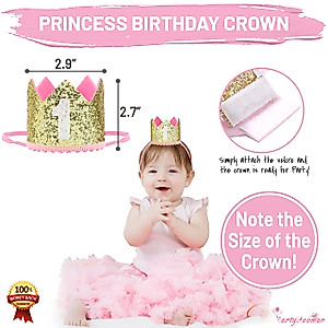 Baby Girl First Birthday Decorations - 1st Birthday Girl Decoration Pink Gold Party Supplies - Happy First Birthday Banner, Number 1 Balloon and Crown, Balloon Arch, High Chair Banner, ONE Cake Topper
