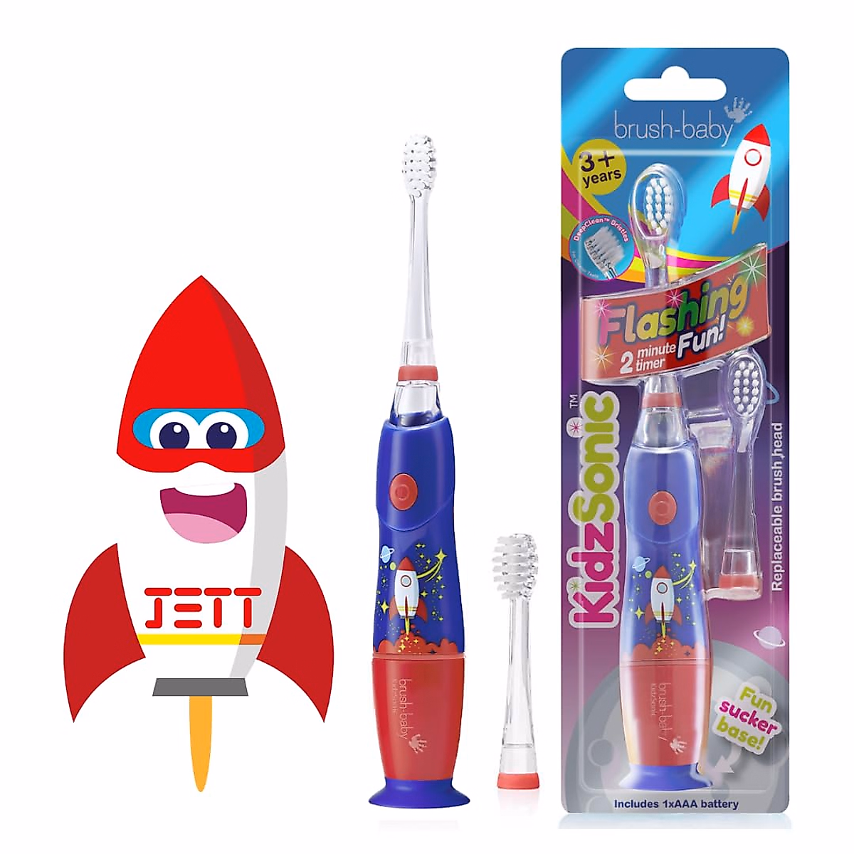 Brush Baby KidzSonic Toddler and Kid Electric Rocket Toothbrush for Ages 3+ Years - Disco Lights, Gentle Vibration, and Smart Timer Provide a Fun Brushing Experience - (2) 3+ yrs with Brush Heads