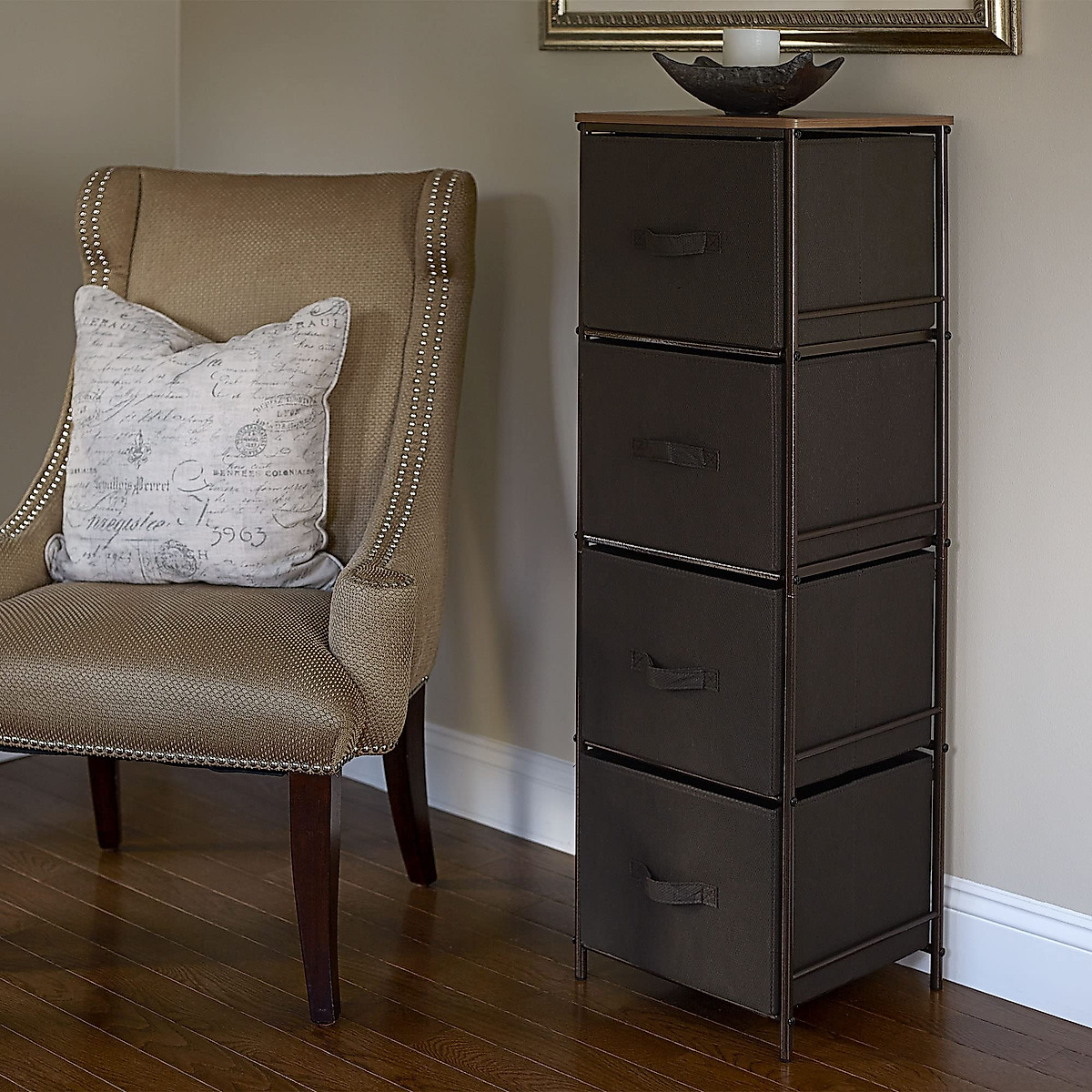 Household Essentials 2-Tier Storage Chest of Drawers Bronze Frame Wood Grain Top and 4 Brown Storage Bins with Natural Jute Trim