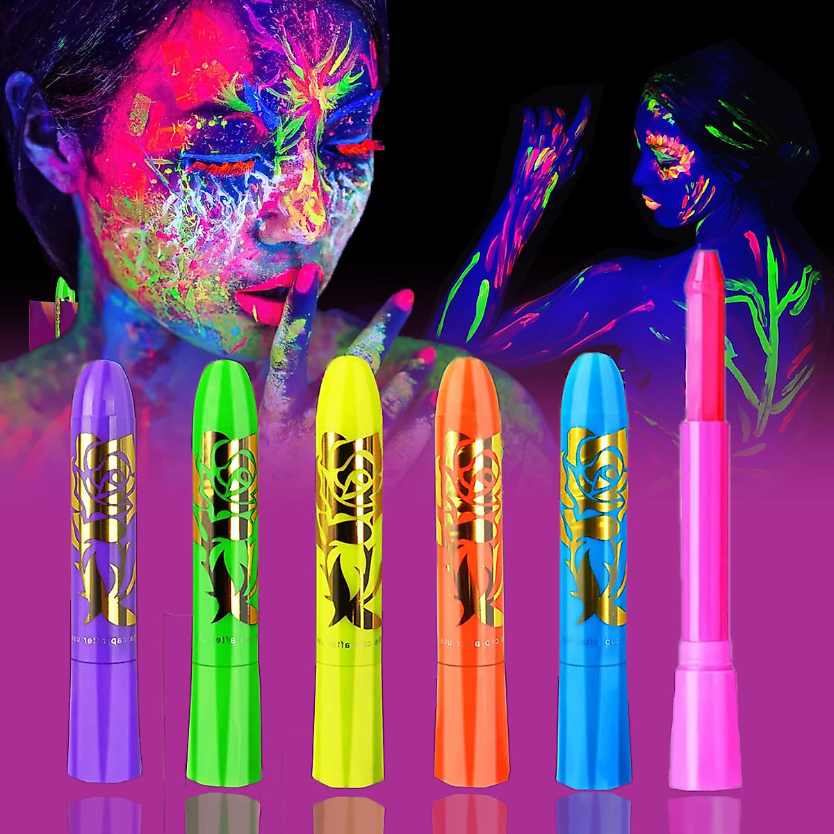 Glow in The Black Light UV Face Paint Crayon, Black Light Neon Face & Body Paint Non Toxic Fluorescent Mardi Gras Halloween Makeup Marker for Kids