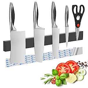 16 Inch Magnetic Knife Strip for Wall Stainless Steel Magnetic Knife Bar Rack Magnet Kitchen Knife Holder Utensil Tools Organizer Self-adhesive Drilling Dual-use Wall Hanging Knife Protection-Black