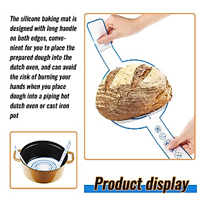 Patelai 2 Pieces Silicone Baking Mat for Dutch Oven Bread Non-stick Mat with Long Handle 8.3 Inch Reusable Silicone Baking Sheets Heat Resistant Bread Pad for Dough Pastry(Blue)