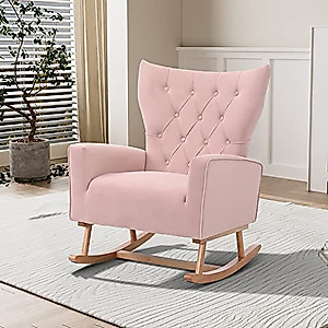 Rophefx Velvet Nursery Rocking Chairs, Glider Rocker for Baby Nursery with Solid Wood Base, Modern Accent Armchair with High Backrest, Pink