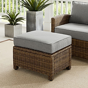 Crosley Furniture Bradenton Wicker Outdoor Ottoman Foot Rest for Patio, Deck, Porch, Brown with Gray Cushions