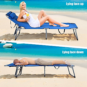 Goplus Tanning Chair, Folding Adjustable Patio Lounge Chair with Face Hole, Removable Pillow, 331LBS, Carry Strap, Outdoor Sunbathing Chair, Lightweight Portable Beach Lounge Chair for Pool Lawn Adult