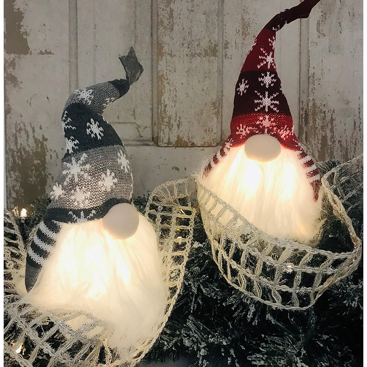 Gerson 7" H Battery Operated Lighted Holiday Plush Gnome Figurine, Assortment of 2