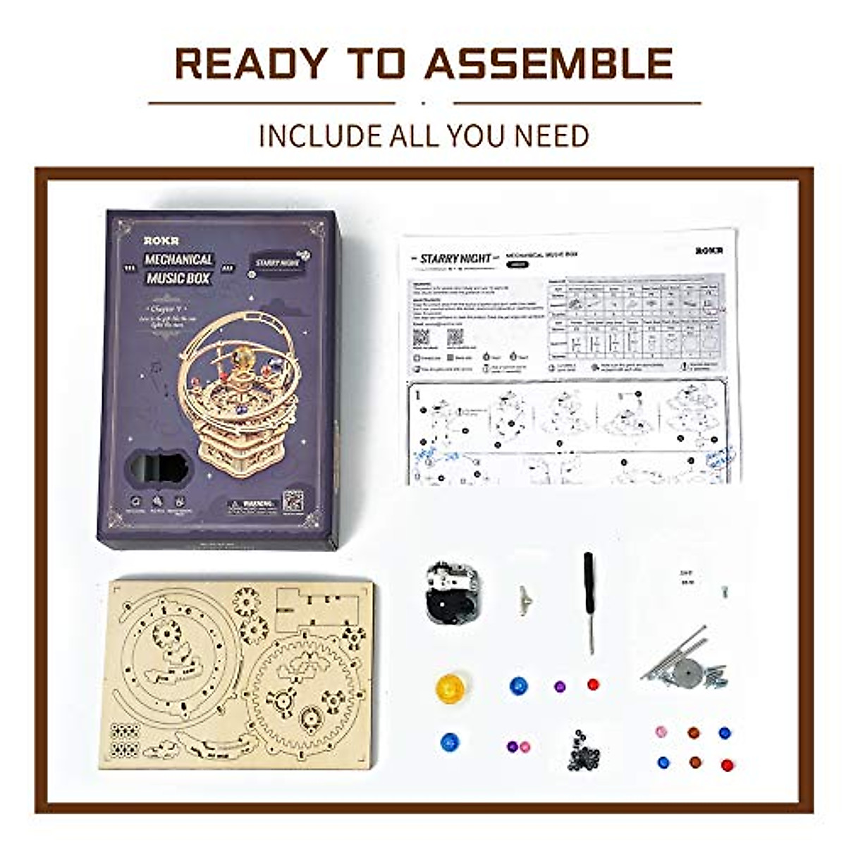 ROKR 3D Wooden Puzzles for Adults Mechanical Music Box-Starry Night, DIY Rotating Music Box Model Building Kits for Teens, DIY Crafts/Hobbies/Gifts Desk Decor for Boys Ages 14+ (Starry Night)